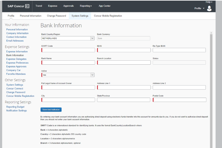 Solved: bank information block for not expense pay users - SAP Concur ...
